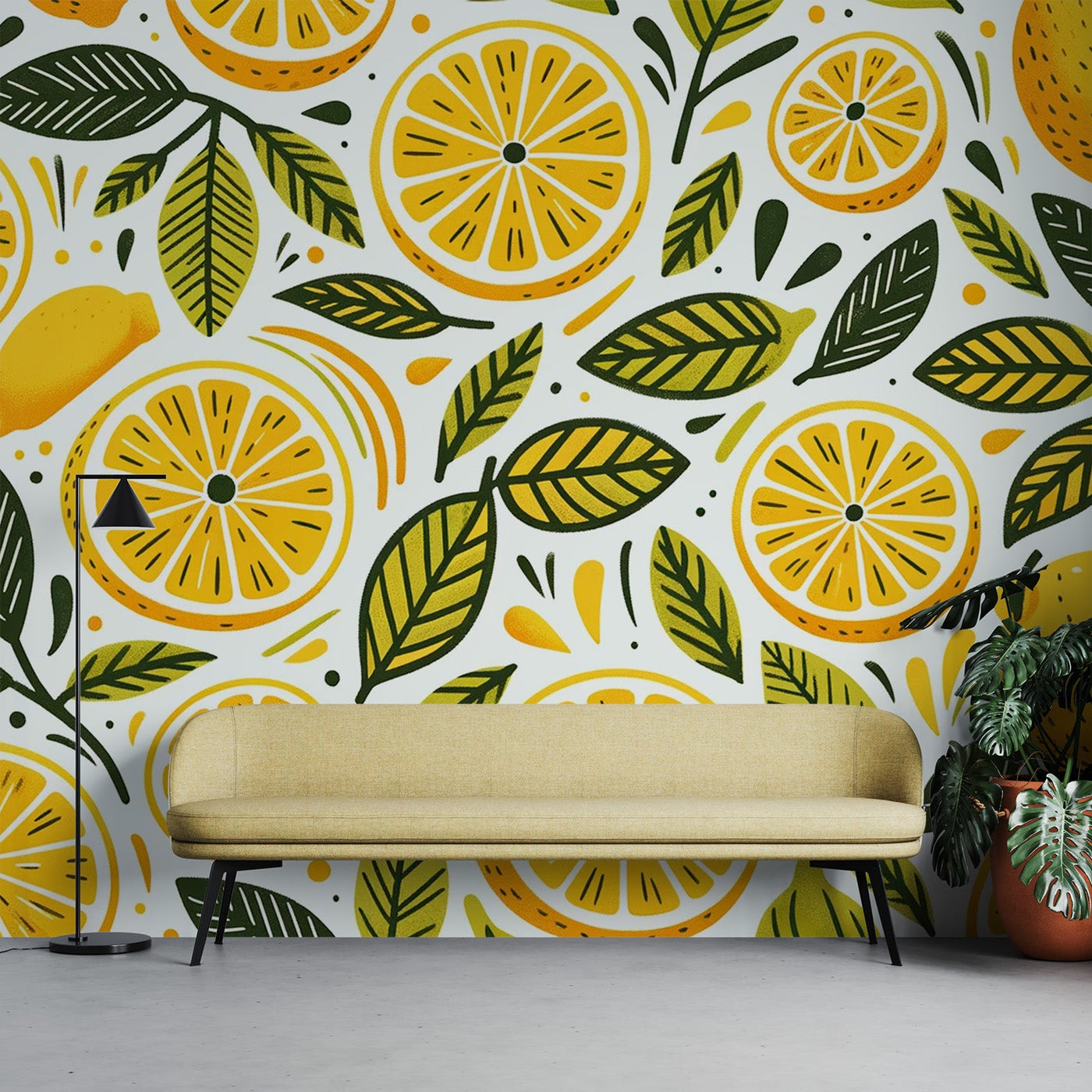 Yellow Lemon Mural Wallpaper | Retro-style Vibrant Patterns — WonderMural
