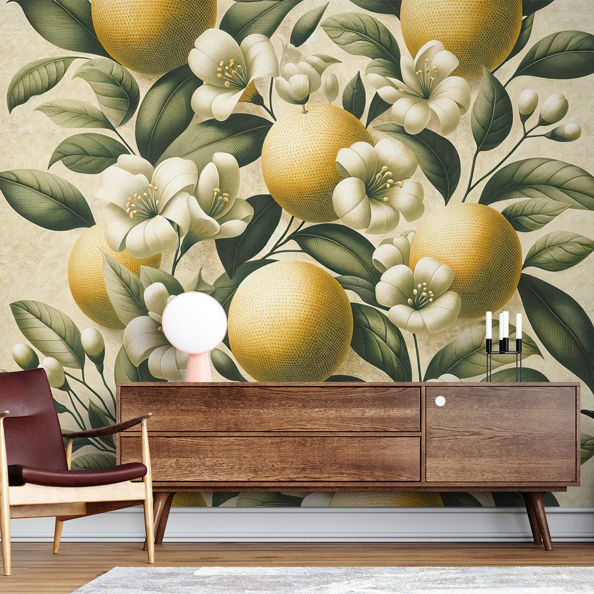 Yellow Lemon Mural Wallpaper | Vintage on Neutral Background — WonderMural