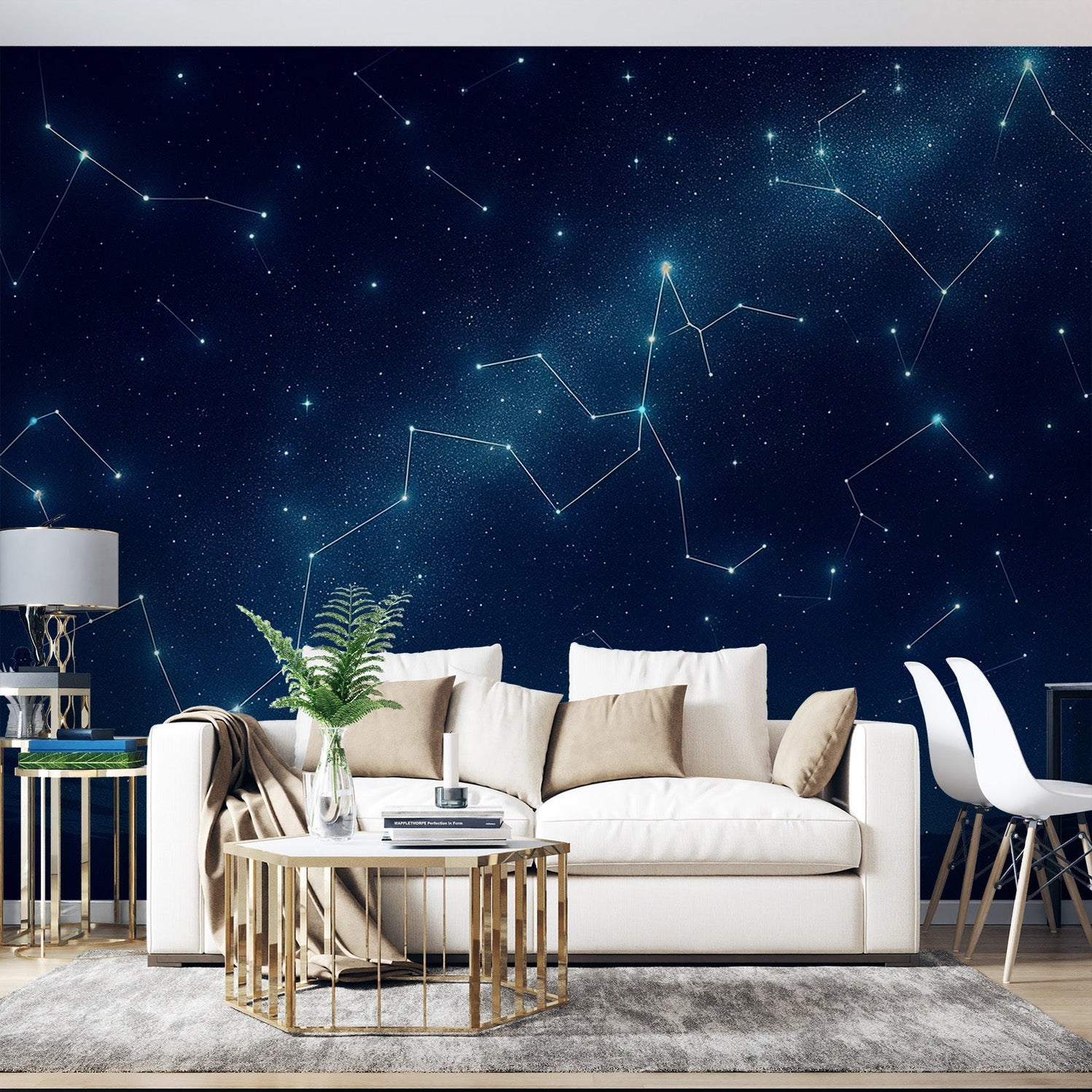 Constellation Mural Wallpaper | Midnight Blue and Starry Line — WonderMural