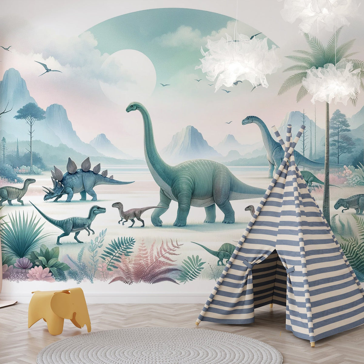 Dinosaur Mural Wallpaper | Full Moon and Pastel Dinosaurs — WonderMural