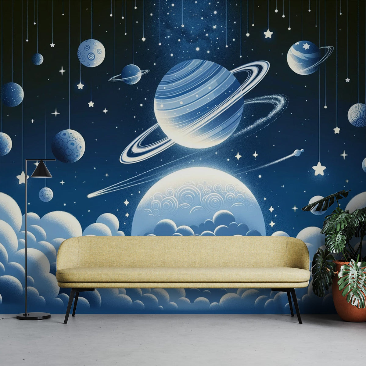 Space Mural Wallpaper | Blue Planets — WonderMural