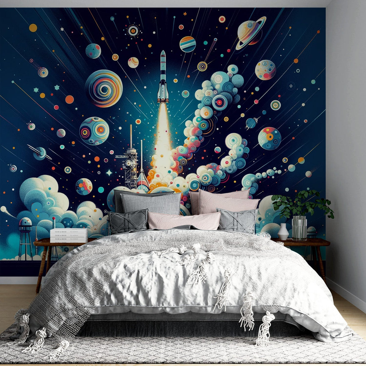 Geometric Space Mural Wallpaper | Rocket Launch — WonderMural