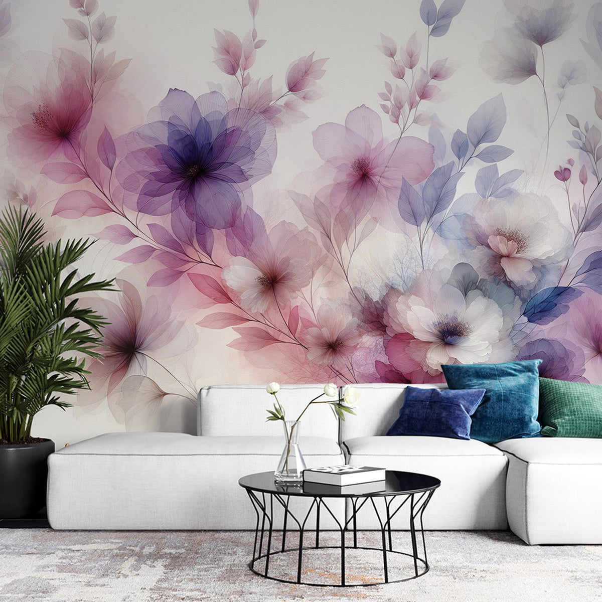Pastel Floral Mural Wallpaper | Watercolor with Purple Tones and Flowe ...