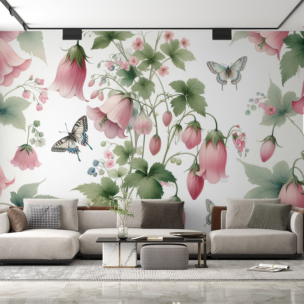 Pastel floral Mural Wallpaper | Sublime butterflies with drooping pink ...