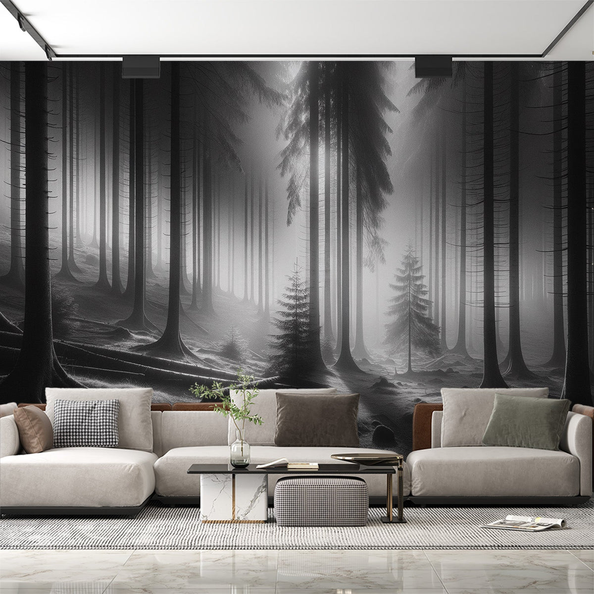 Forest Mural Wallpaper | Mysterious Mist with Black and White Trees ...