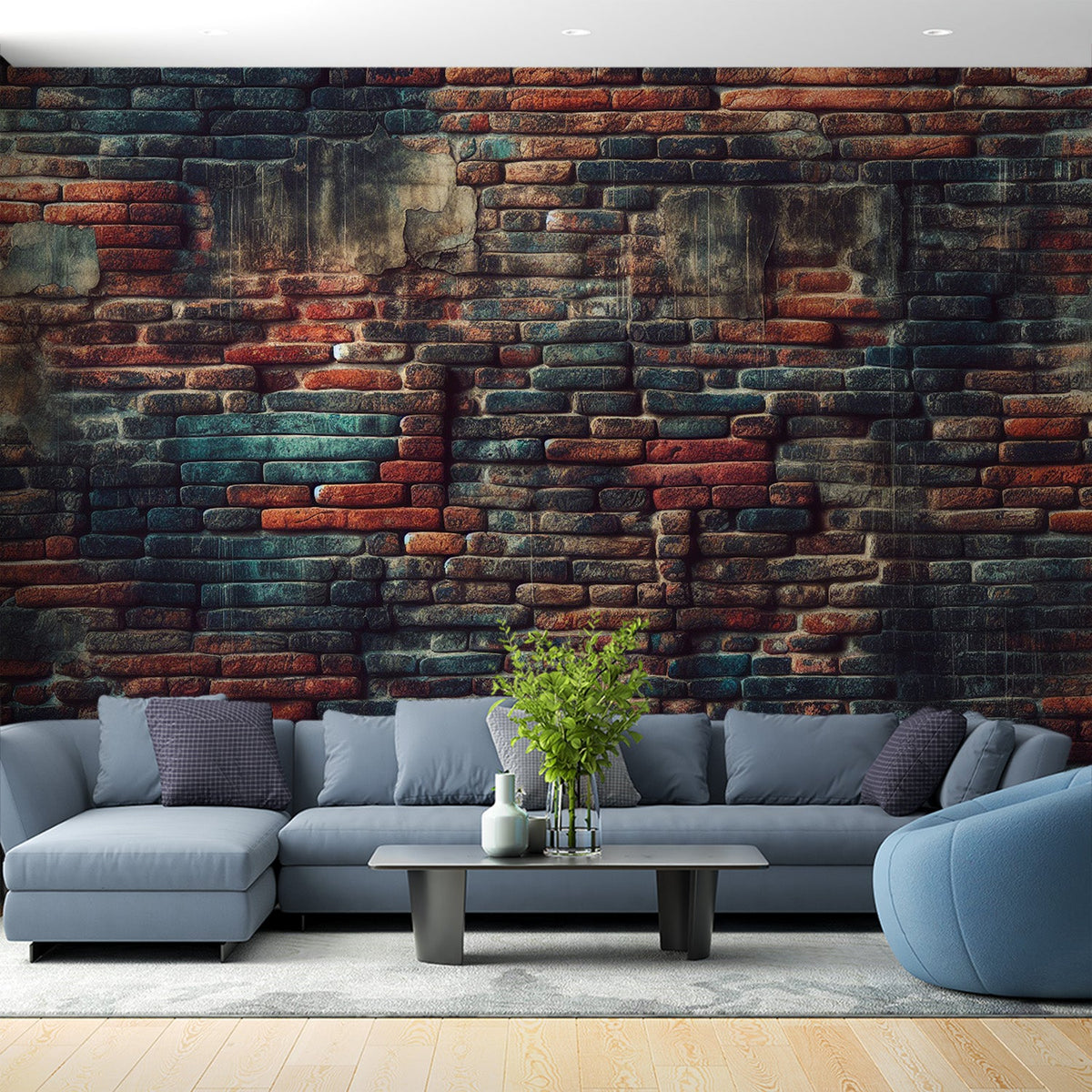 Brick Mural Wallpaper | Faded Red Brick Wall Transformed into Blues ...