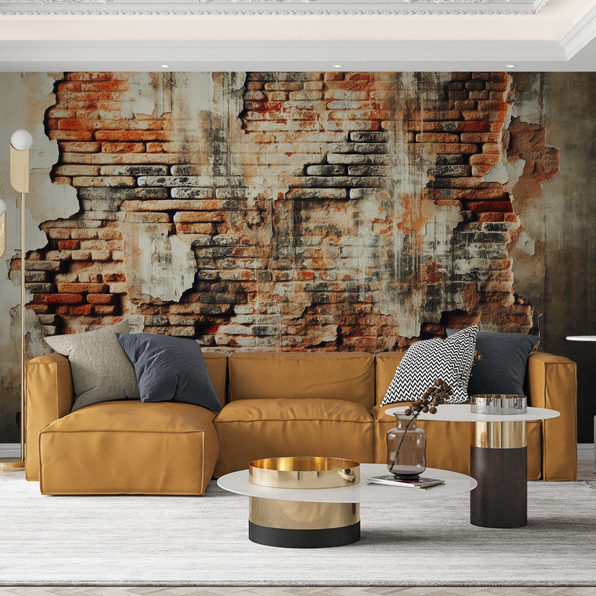 Brick Mural Wallpaper | Damaged Brick Wall with White Stucco — WonderMural