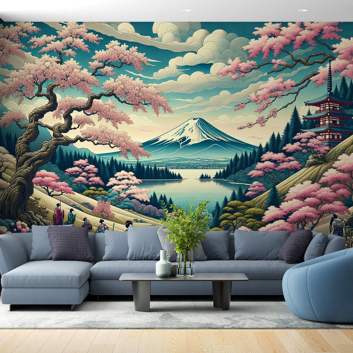 Japanese Mural Wallpaper | Colorful Illustration of Mount Fuji and Mou ...