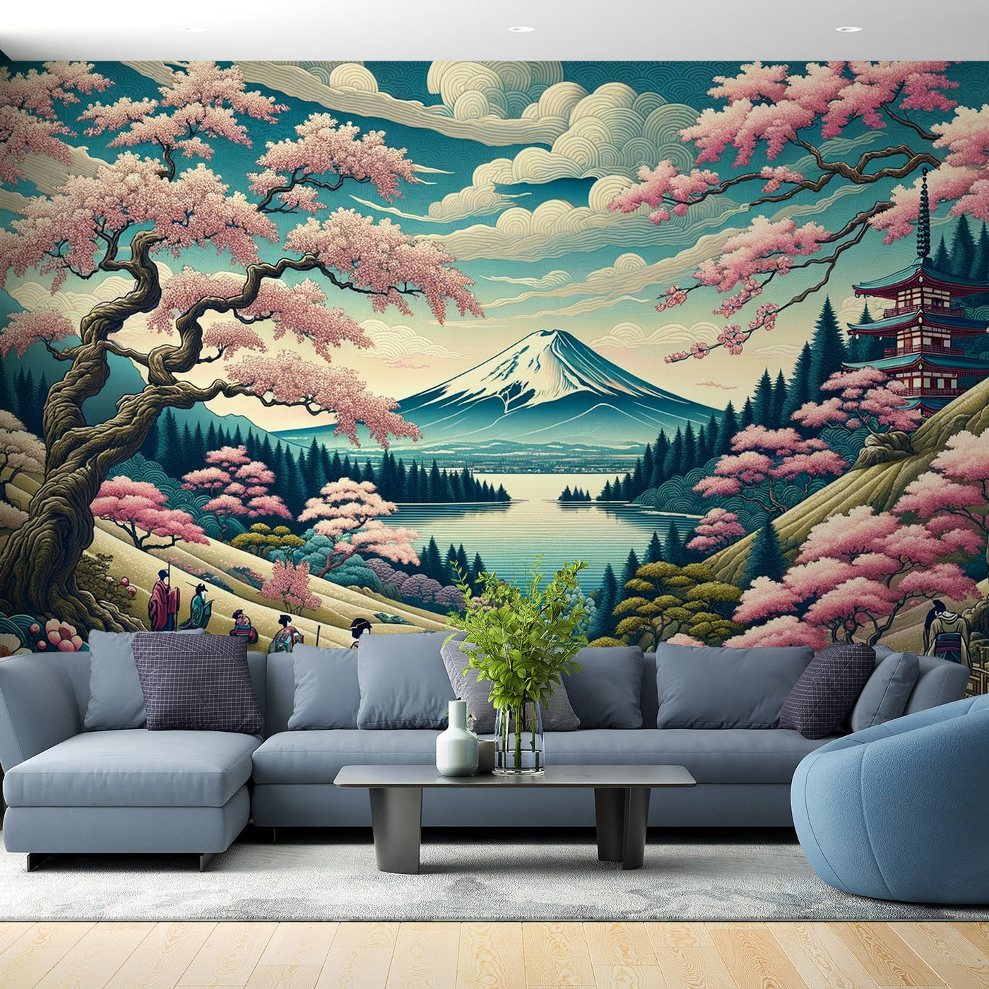Japanese Mural Wallpaper | Colorful Illustration of Mount Fuji and Mou ...