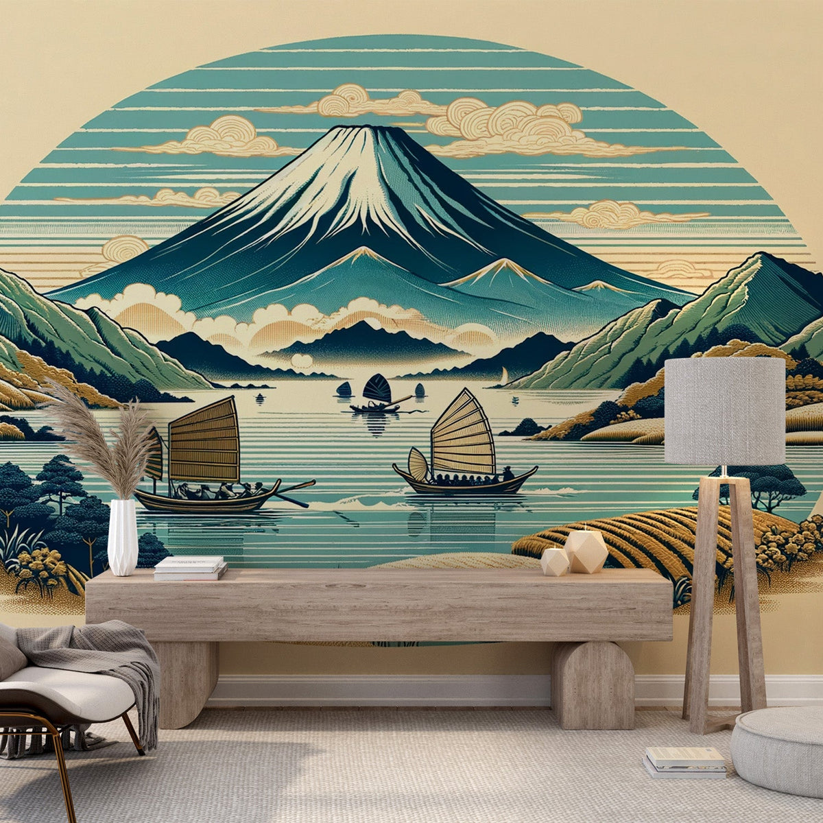 Japanese Mural Wallpaper | Mount Fuji, Japanese Lake, and Wooden Sailb ...