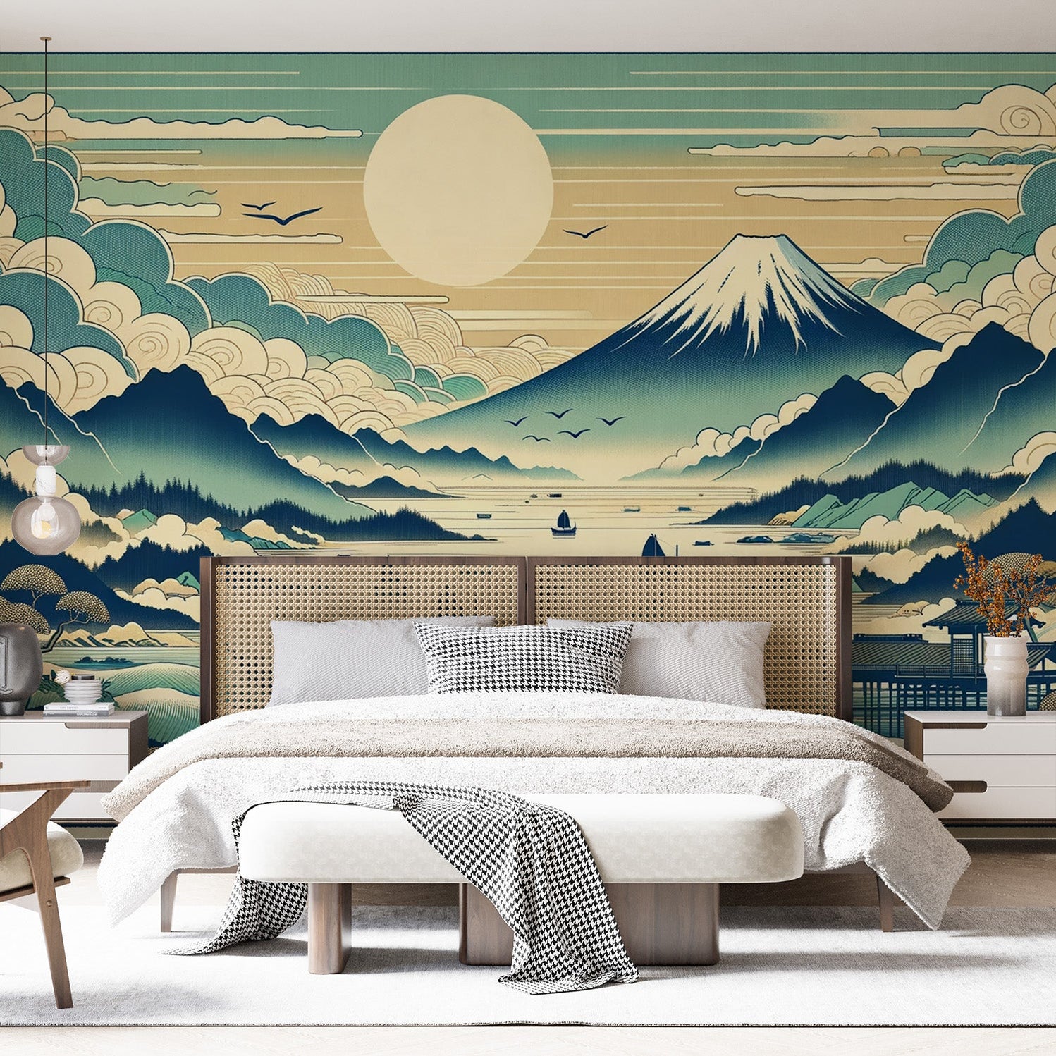 Japanese Mural Wallpaper | Mount Fuji, Japanese White Clouds, and Boat ...