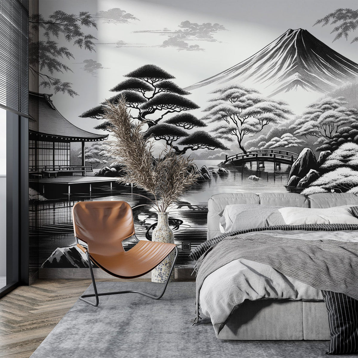 Black and White Japanese Mural Wallpaper | Mount Fuji, Zen Temple, and ...
