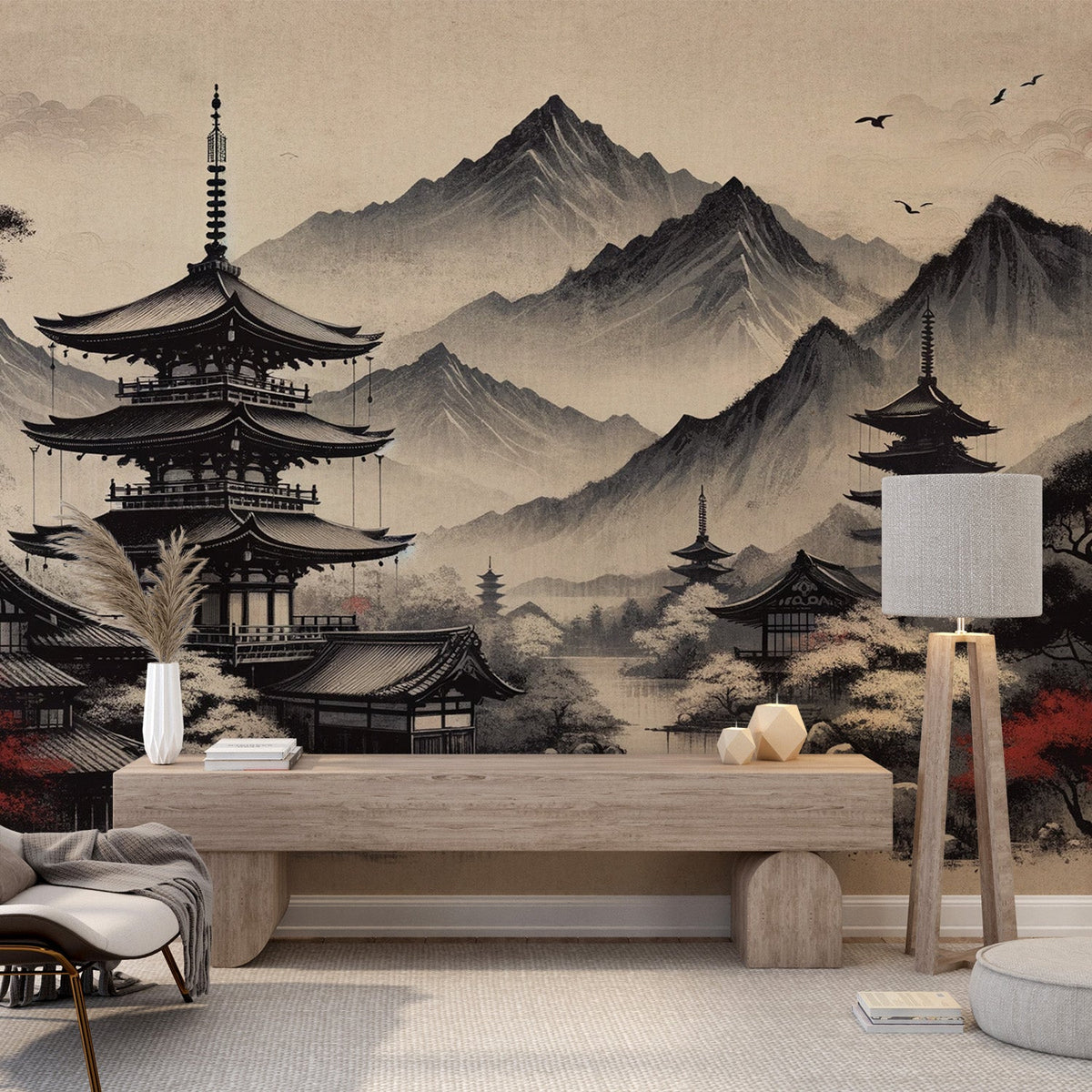 Japanese Zen Mural Wallpaper | Black and Red Ambiance with Lake and Te ...