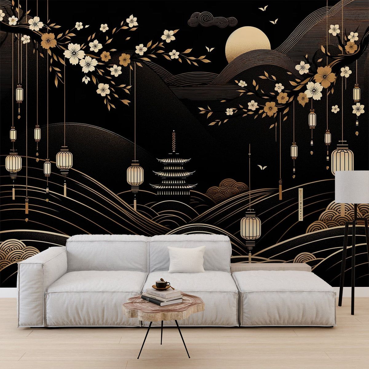 Japanese Zen Mural Wallpaper | Japanese Wave and Black and Gold Temple ...