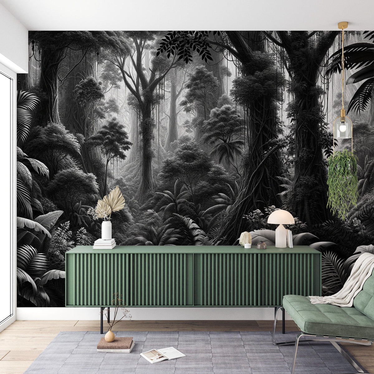 Black and White Jungle Mural Wallpaper | Massive Vegetation — WonderMural