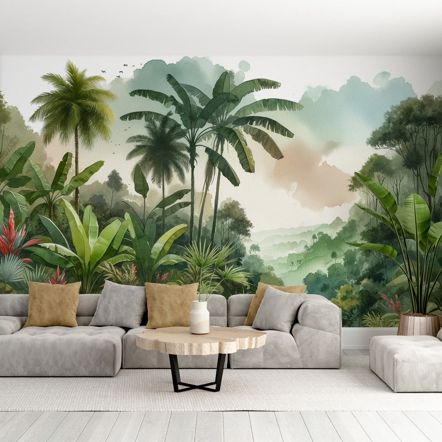 Tropical Mural Wallpaper | Green Leaves and Golden Flowers — WonderMural