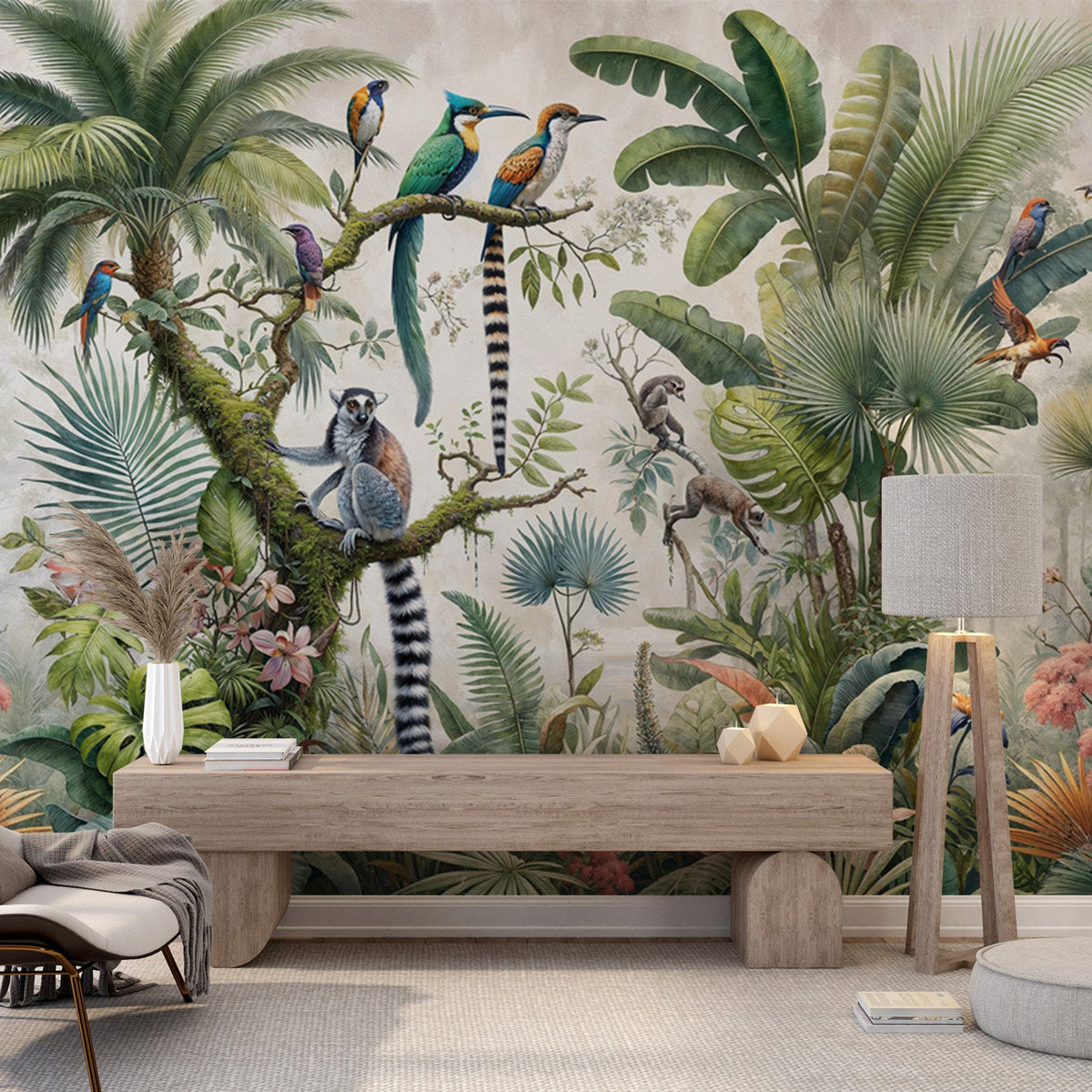 Tropical Jungle Mural Wallpaper | Imaginary Birds and Lemurs — WonderMural