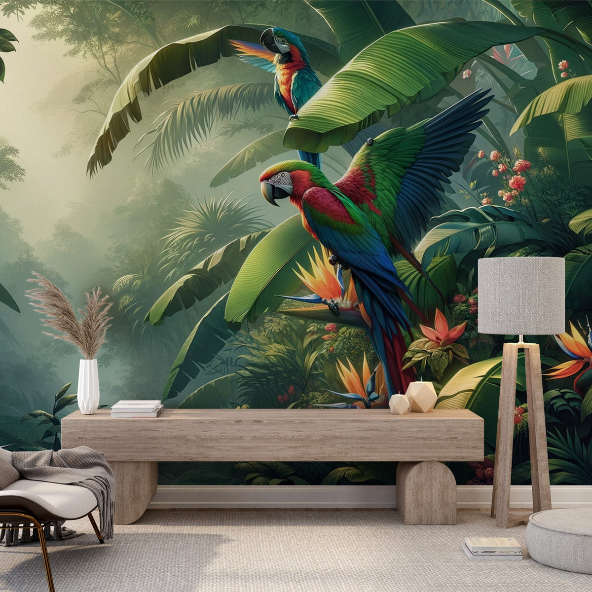 Tropical Jungle Mural Wallpaper | Colorful Parrots and Green Foliage ...