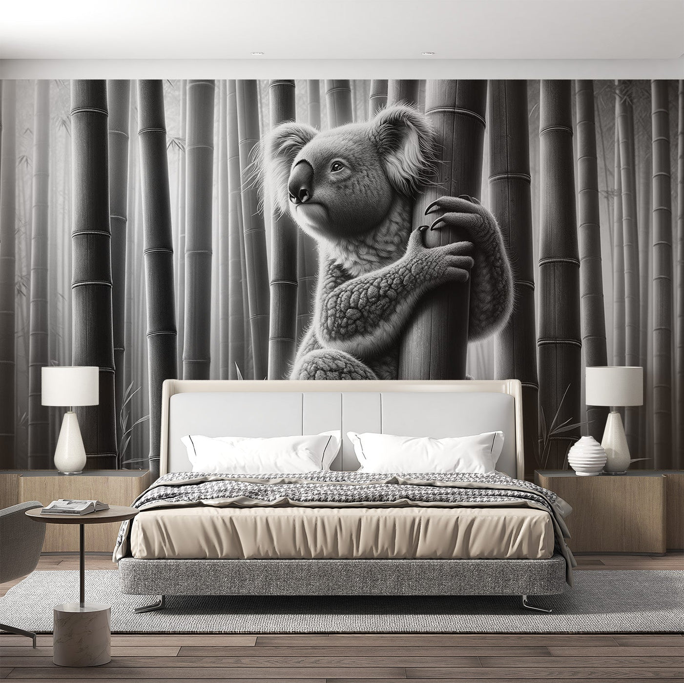 Koala Mural Wallpaper | Realistic Black and White in its Bamboo Forest ...