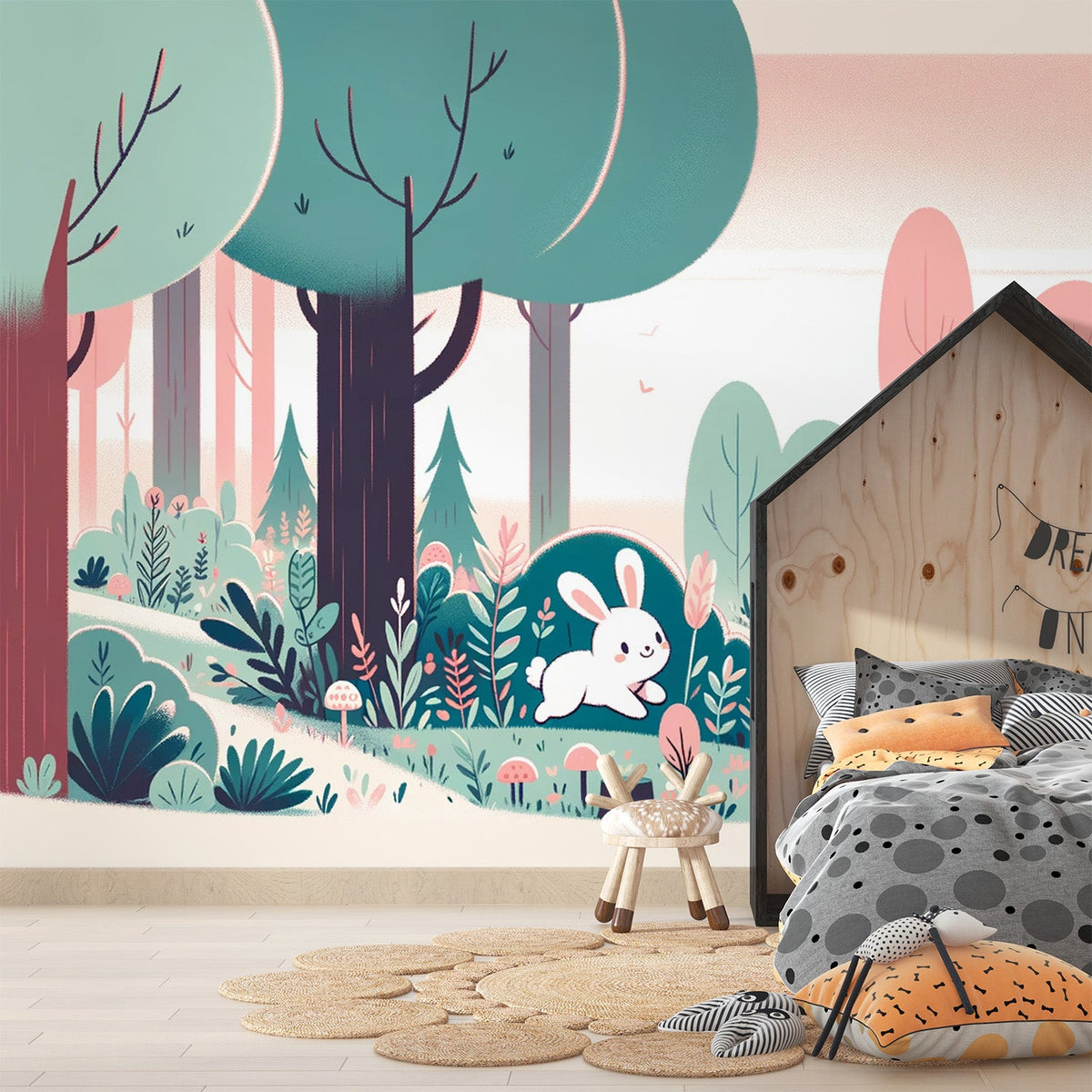 Rabbit Mural Wallpaper | Running in Its Enchanted Forest — WonderMural