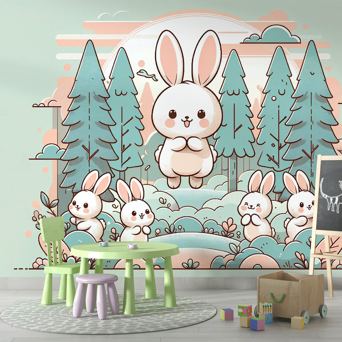 Rabbit Mural Wallpaper | Too Cute in the Forest — WonderMural