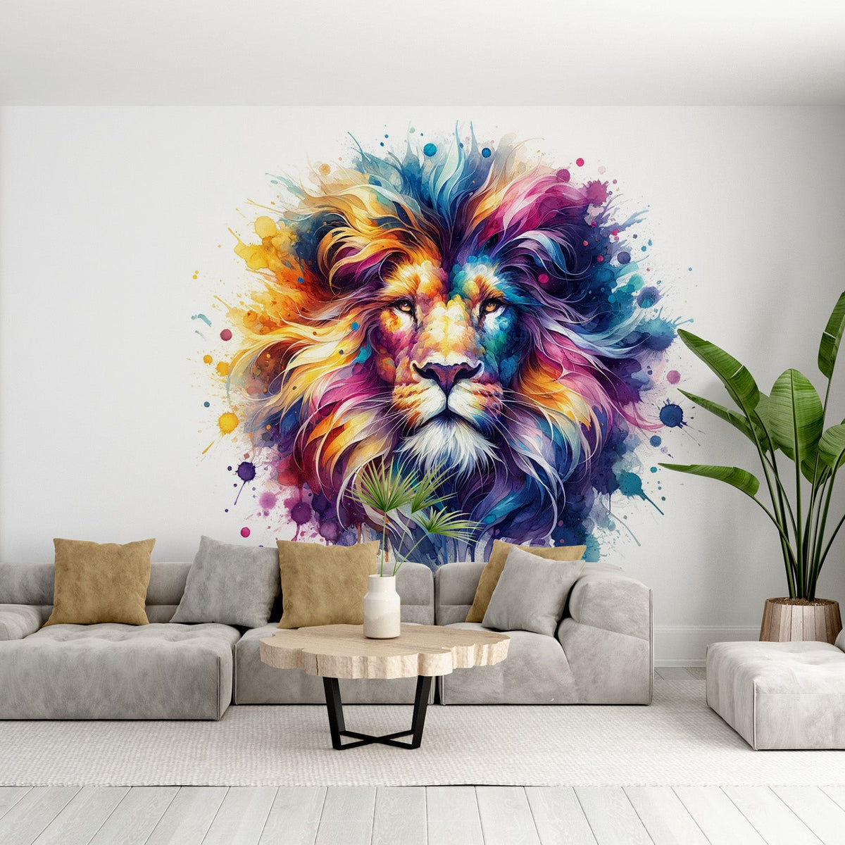 Lion Mural Wallpaper | Colorful Watercolor Front View — WonderMural