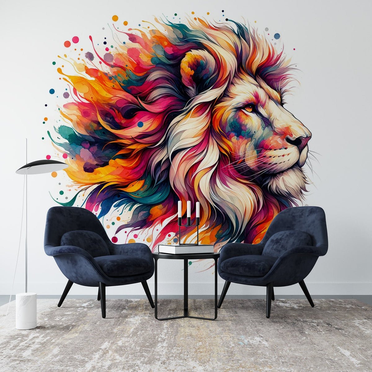 Lion Mural Wallpaper | Colorful Watercolor Profile — WonderMural