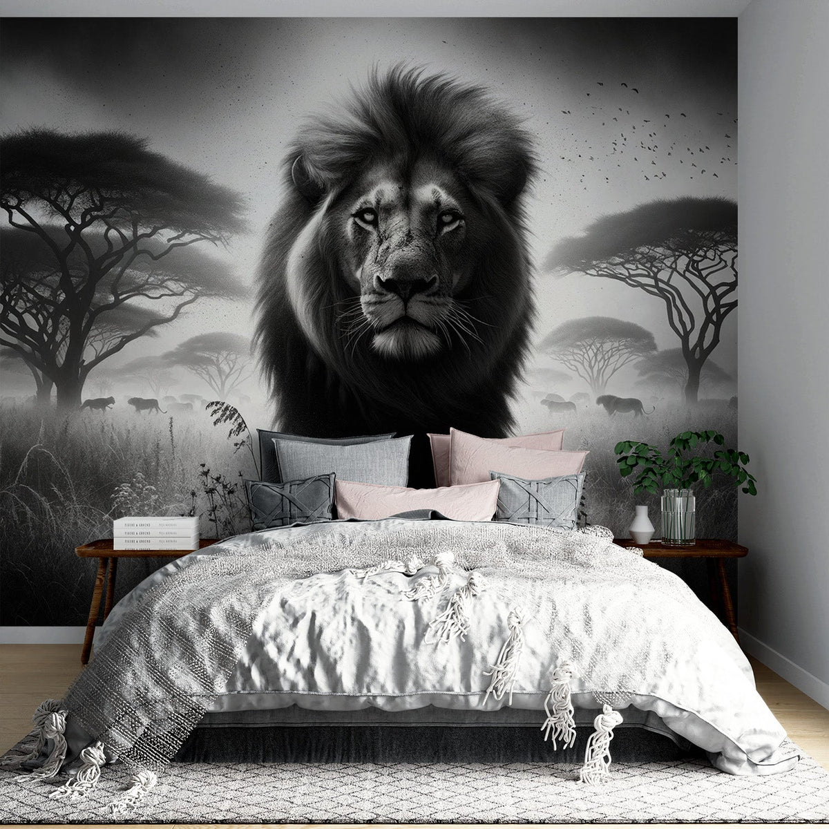 Black and White Lion Mural Wallpaper | Facing Forward in the Savannah ...