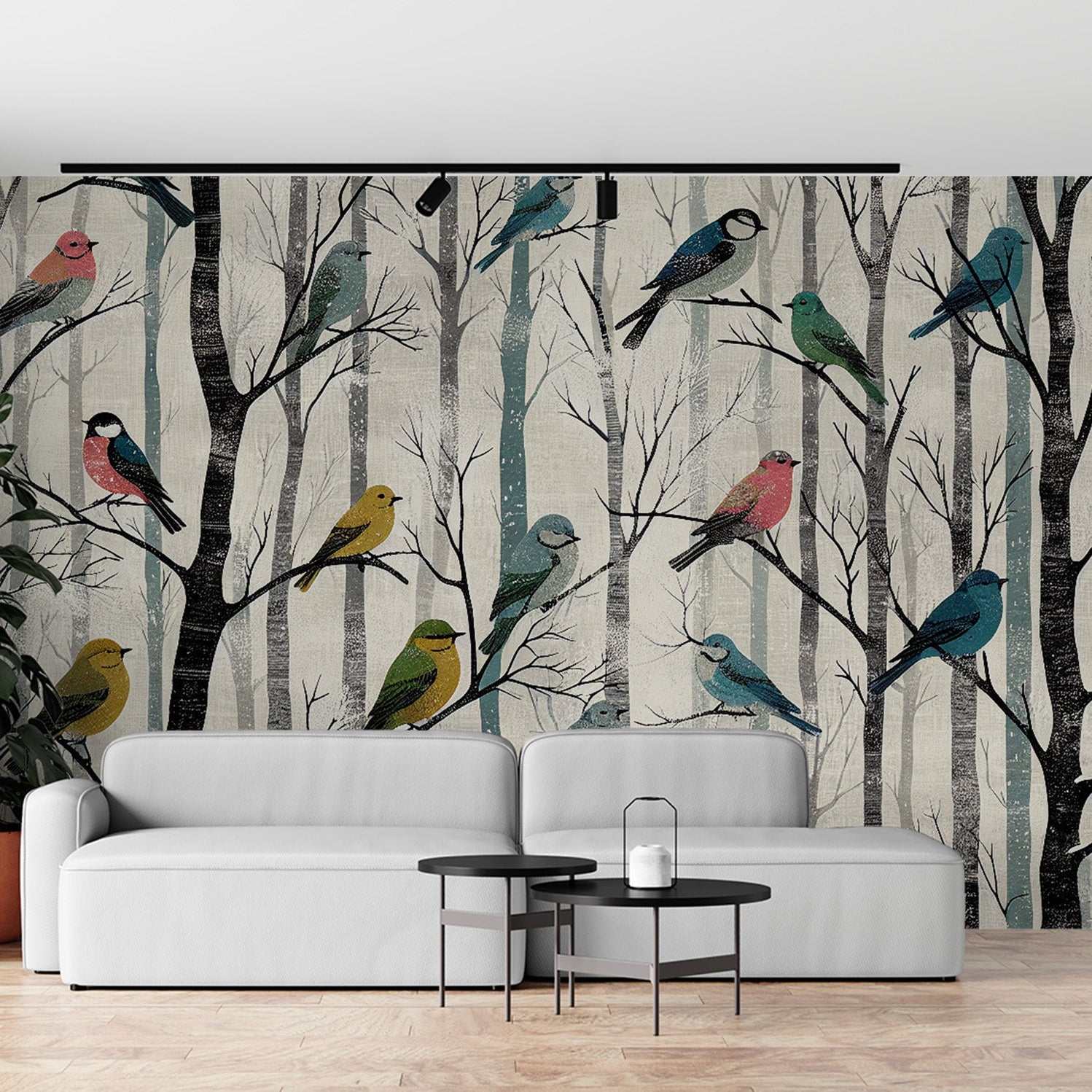 Bird Mural Wallpaper | Black and White Forest with Colorful Birds ...