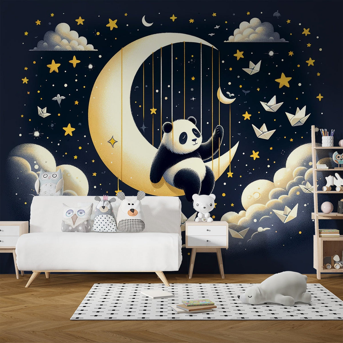 Panda Mural Wallpaper | Crescent Moon with Yellow Stars — WonderMural