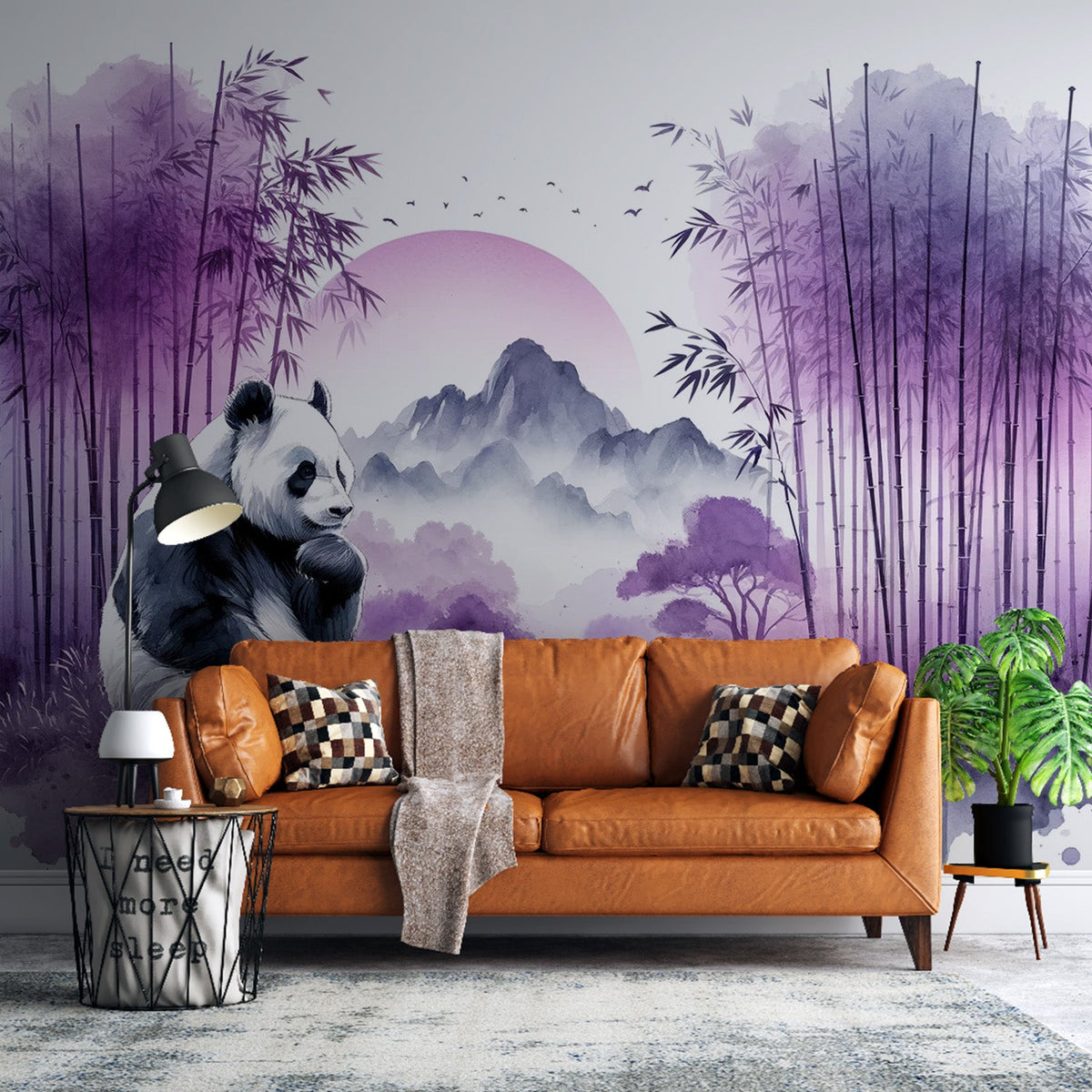 Panda Mural Wallpaper | Bamboo Forest and Purple Mountain — WonderMural