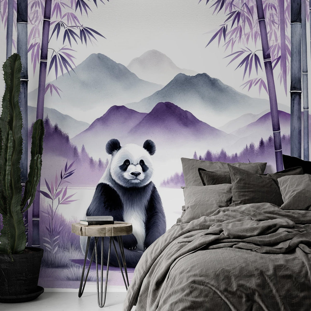 Panda Mural Wallpaper | Purple Forest and Mountain with Sitting Panda ...