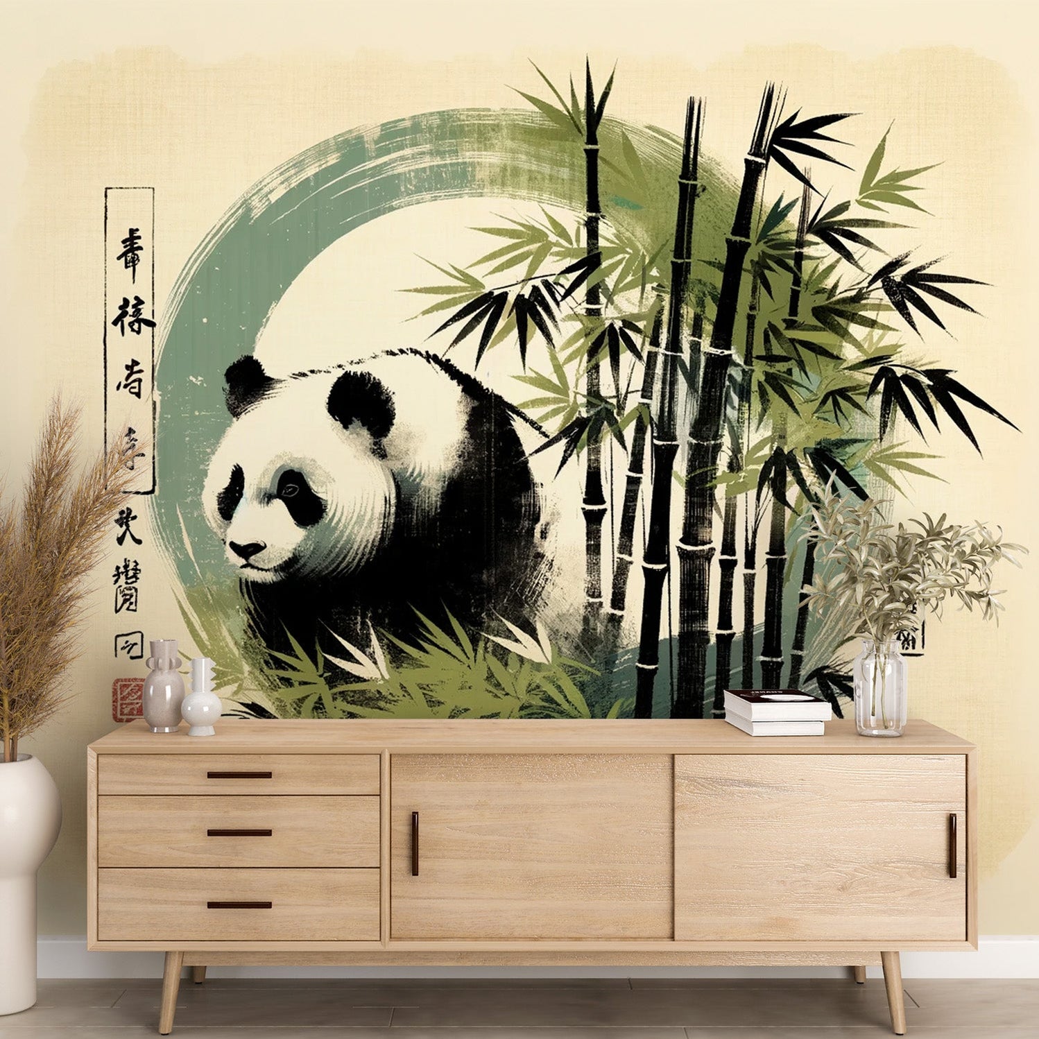 Japanese Panda Mural Wallpaper | Black and Green Bamboo with Asian Wri ...