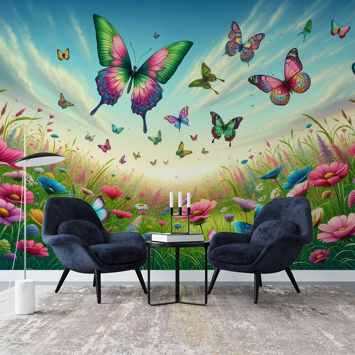 Butterfly Mural Wallpaper | Colorful Field Flowers with Greenery ...