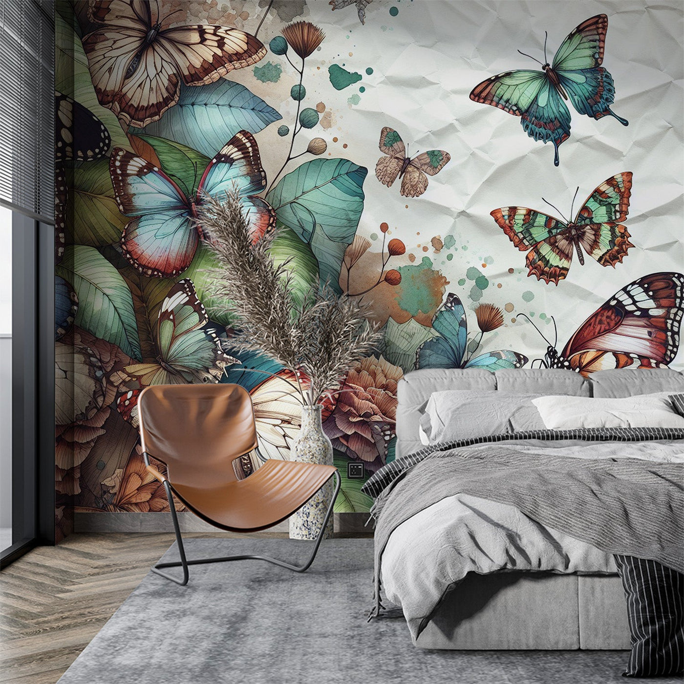 Butterfly Mural Wallpaper | Pleated Leaf Background with Foliage and B ...