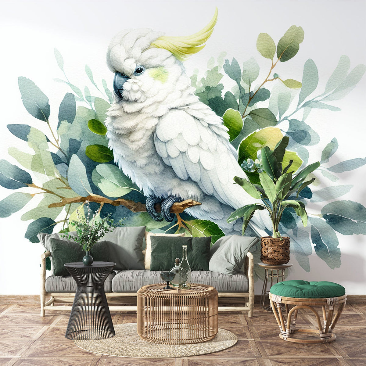 Parrot Mural Wallpaper | White Cockatoo Watercolor with Yellow Crest ...