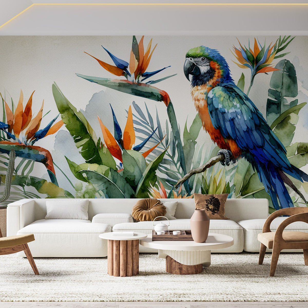 Parrot Mural Wallpaper | Colorful Blue and Green Watercolor on Vintage ...