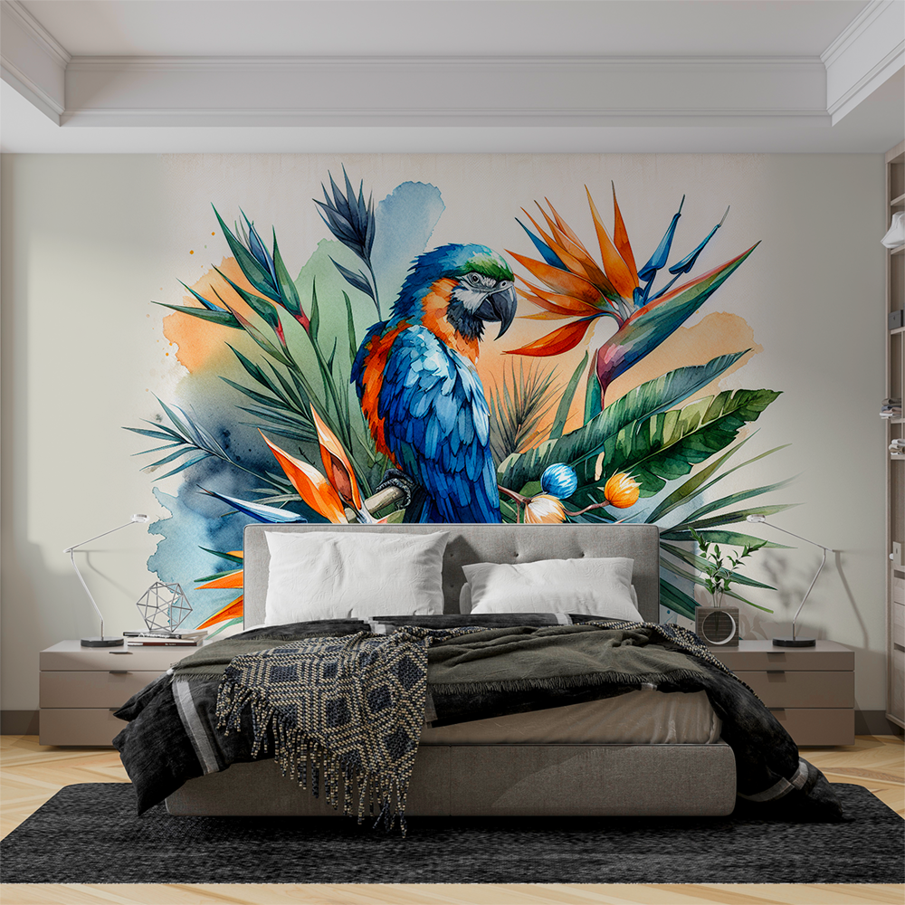 Parrot Mural Wallpaper | Colorful Tropical Watercolor on Its Branch ...