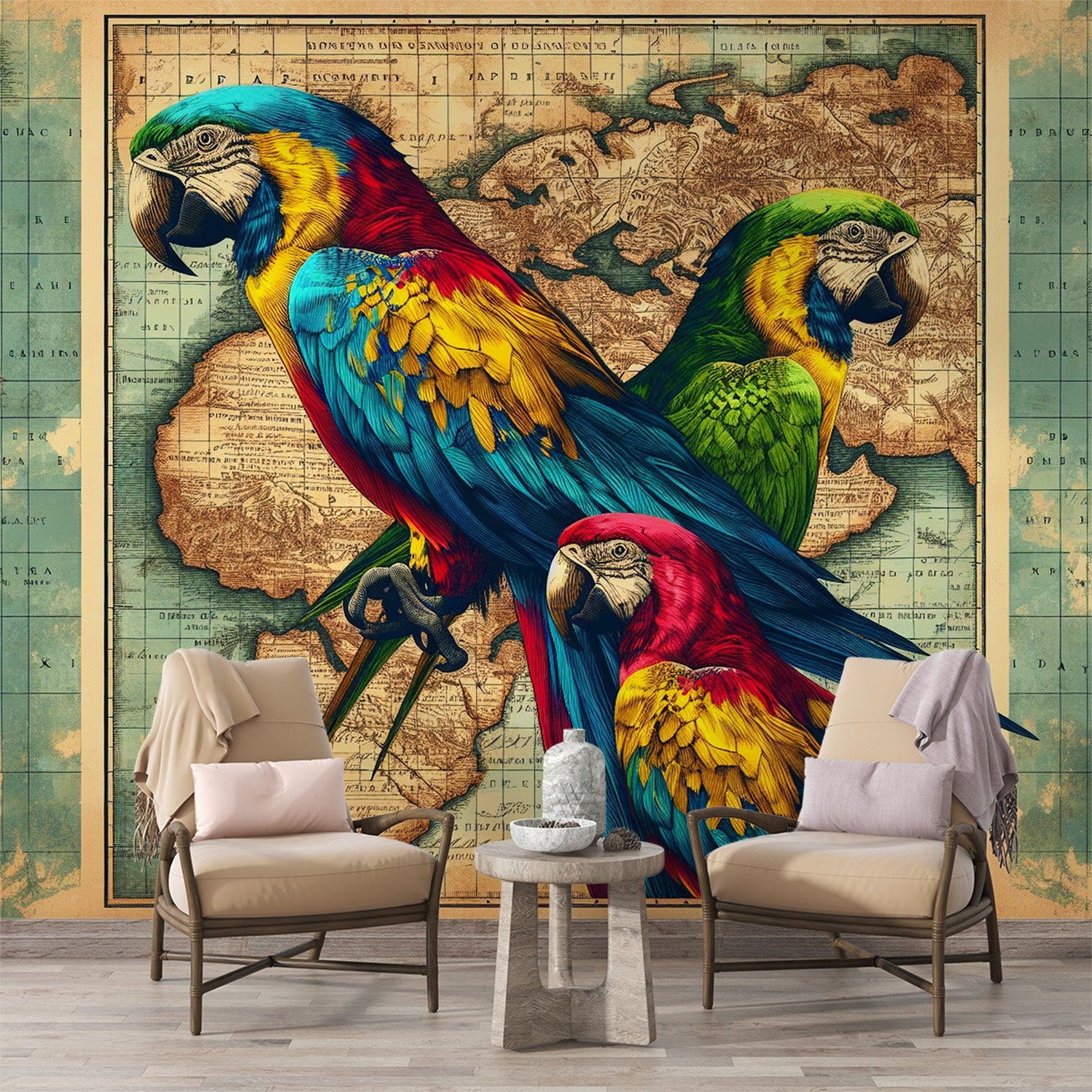 Parrot Mural Wallpaper | Vintage World Map — WonderMural