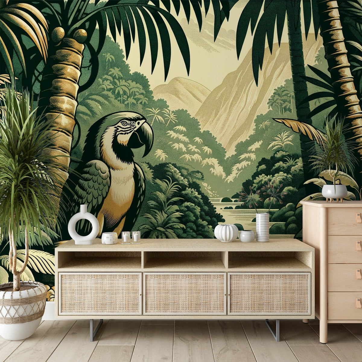Parrot Mural Wallpaper | Palm Trees, Mountains, and River — WonderMural