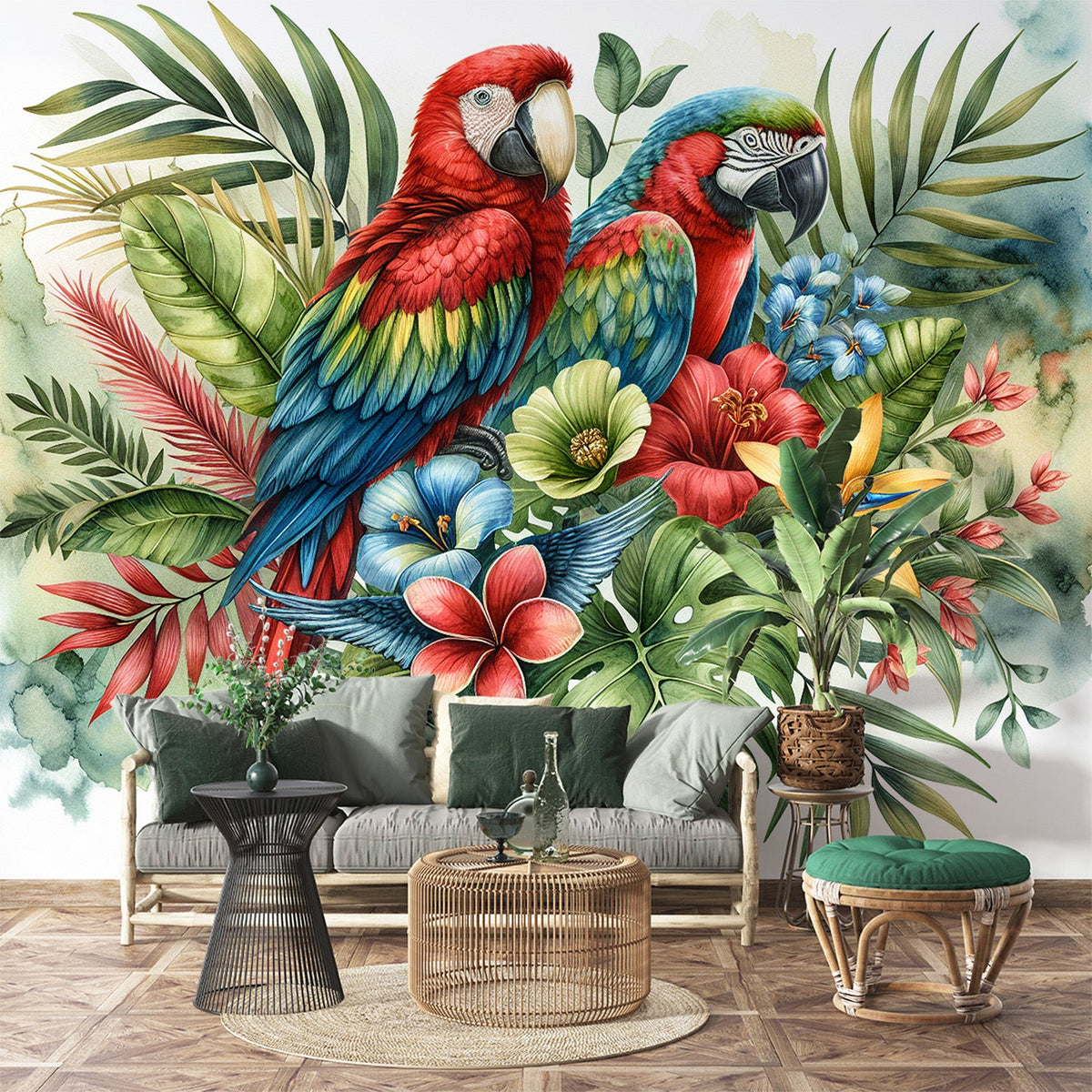 Parrot Mural Wallpaper | Majestic and Colorful Parrot Couple — WonderMural