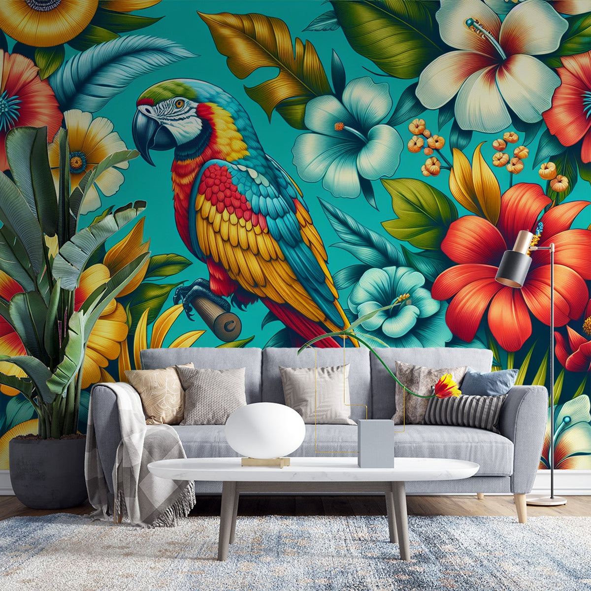 Parrot Mural Wallpaper | Floral Retro Design — WonderMural