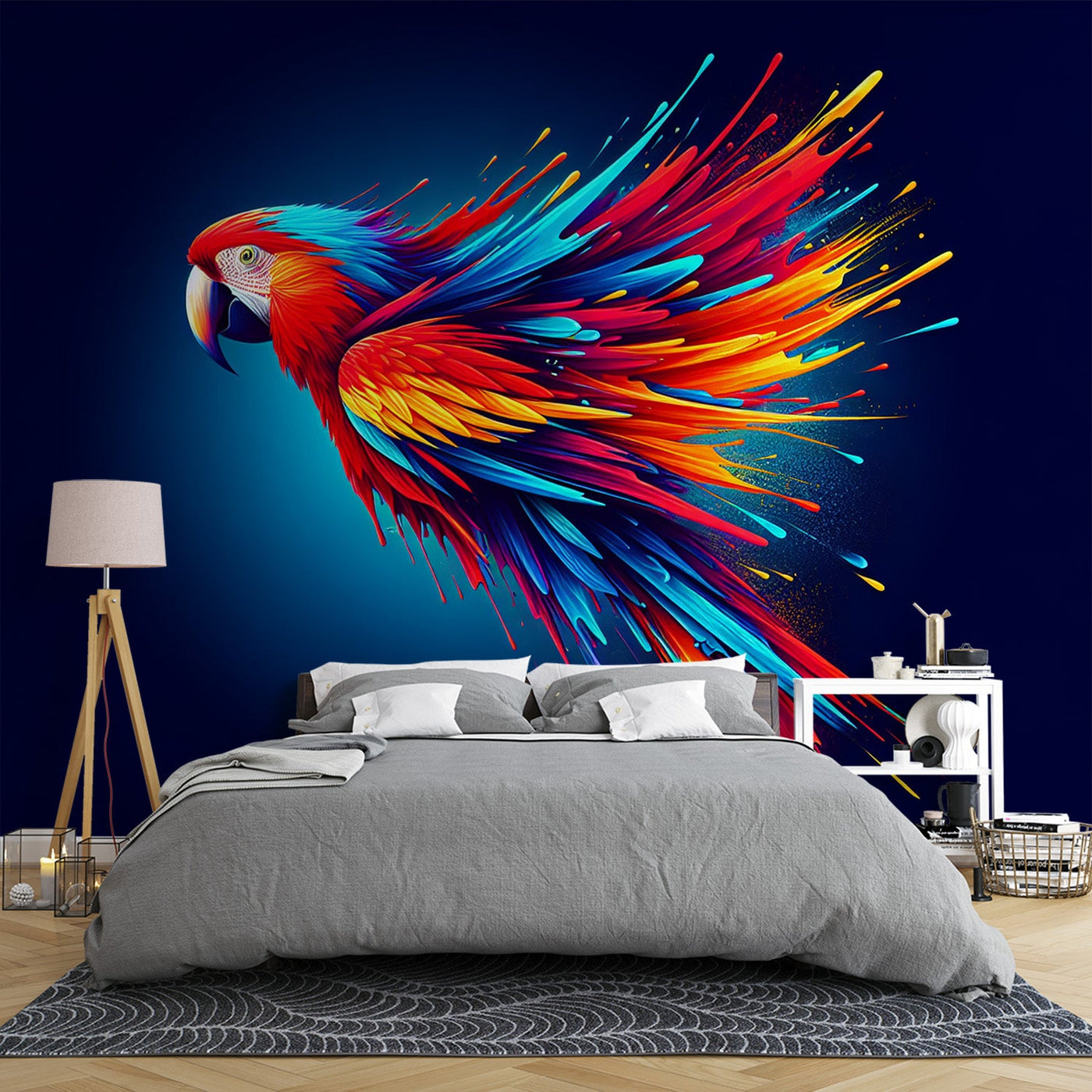 Parrot Mural Wallpaper | Color Explosion on Midnight Blue Background ...