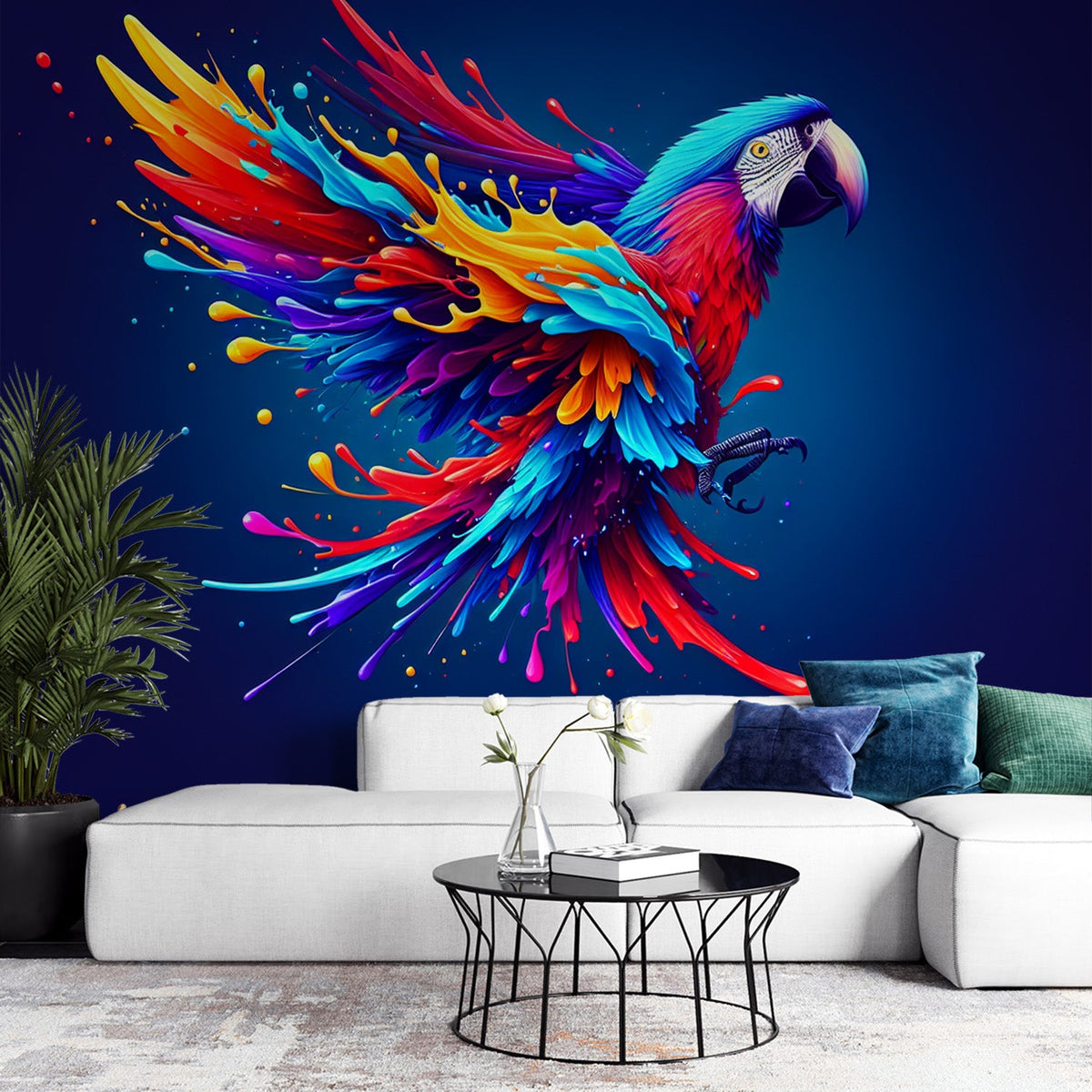 Parrot Mural Wallpaper | Mid-Air Explosion on Midnight Blue Background ...