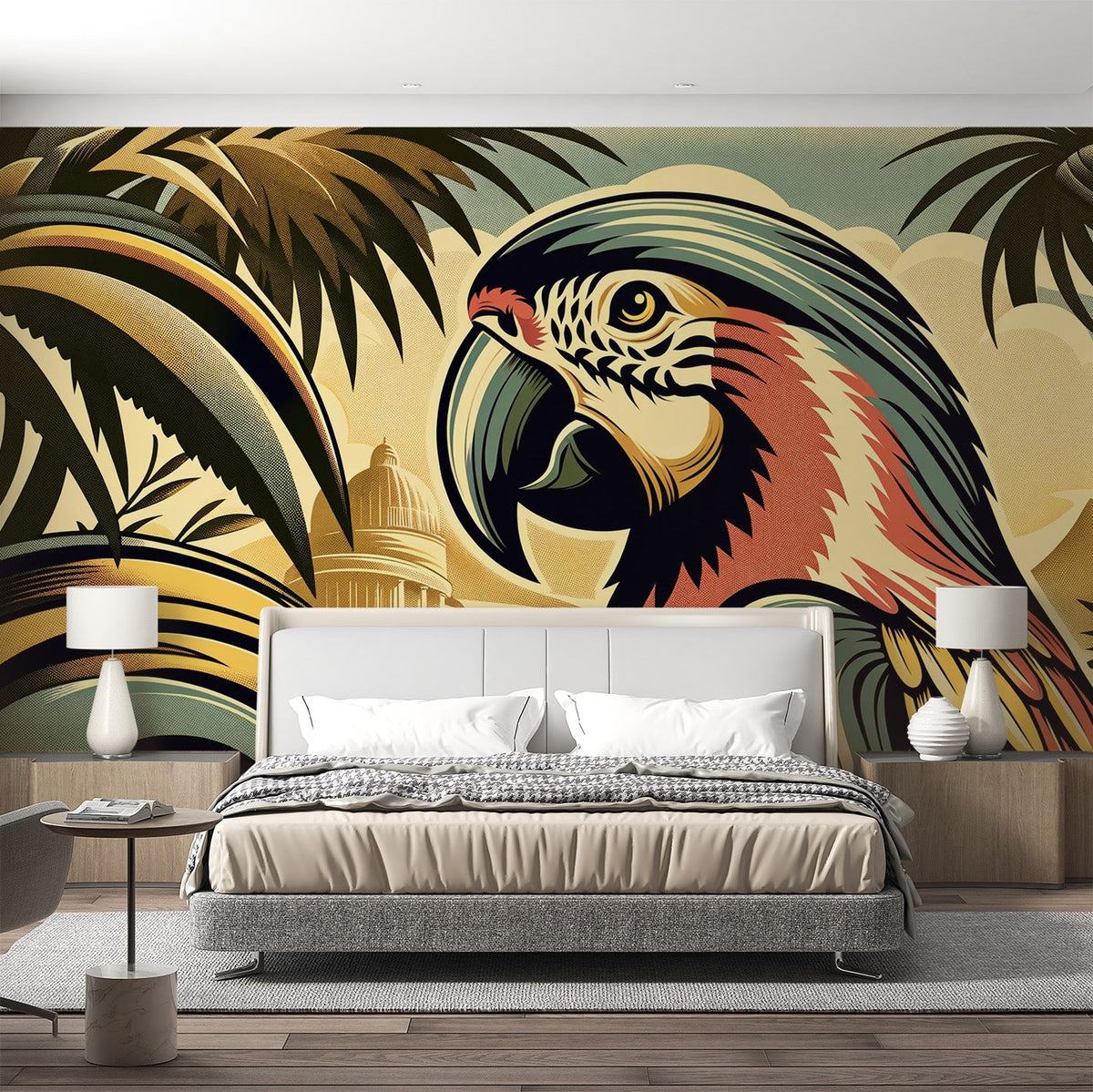 Parrot Mural Wallpaper | Foliage and Monument in Neutral Tones ...