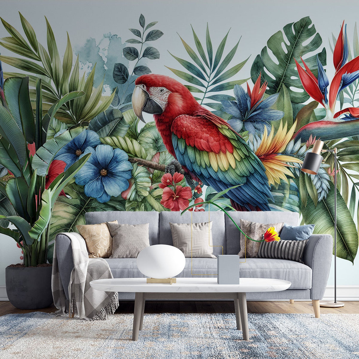 Parrot Mural Wallpaper | Foliage and Colorful Parrot on Light Blue Bac ...
