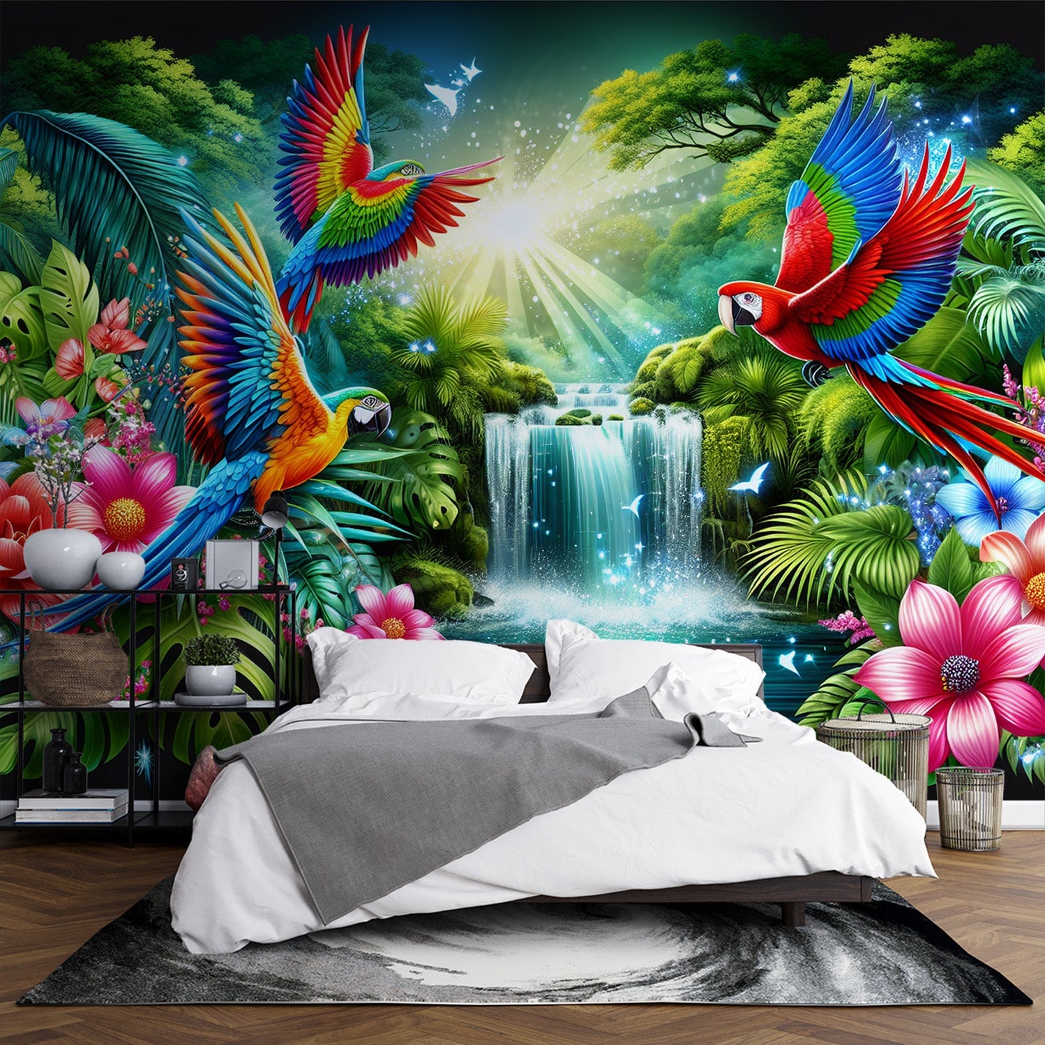 Parrot Mural Wallpaper | Parrot Landscape and Waterfall — WonderMural