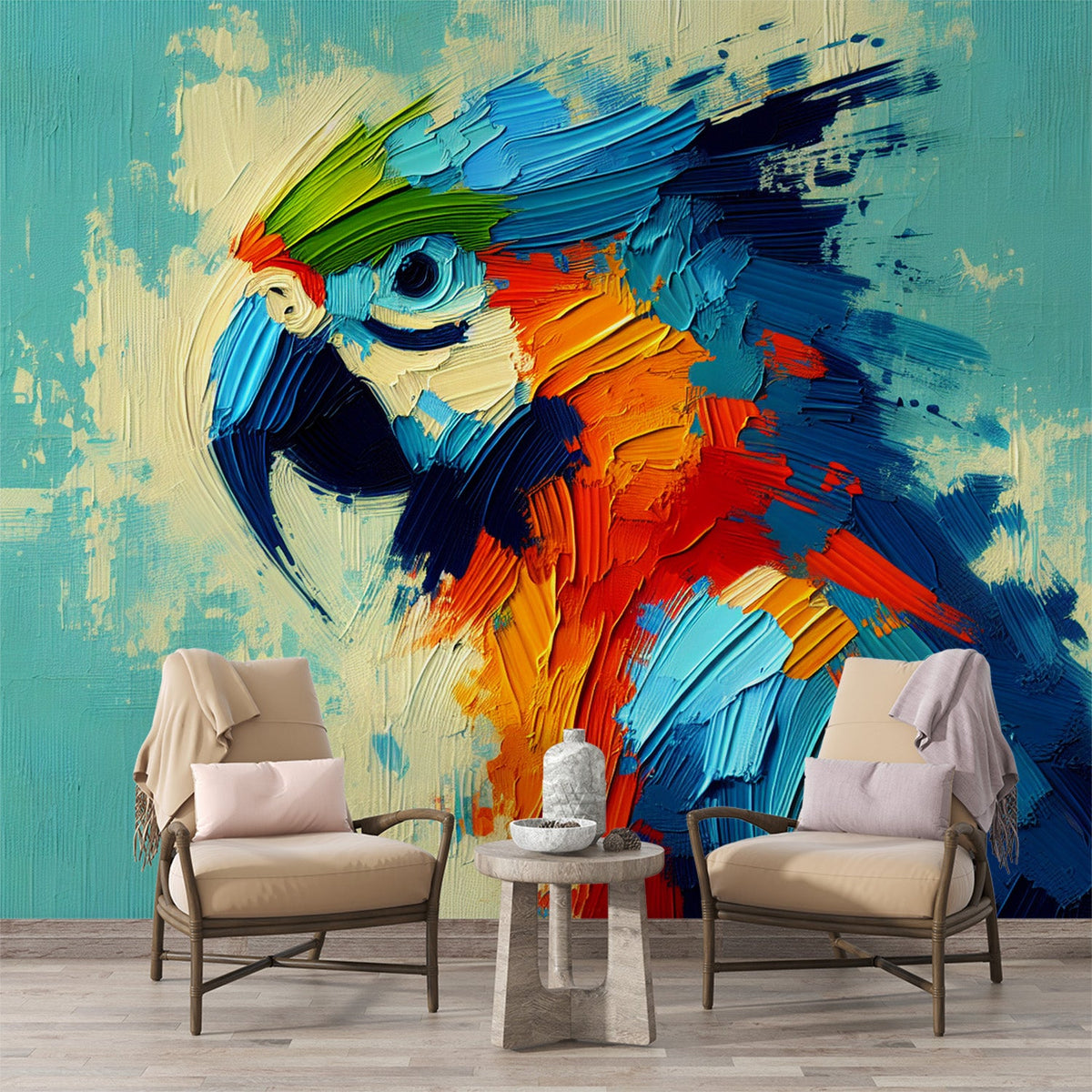 Parrot Mural Wallpaper | Colorful Profile on Blue Background in Painti ...