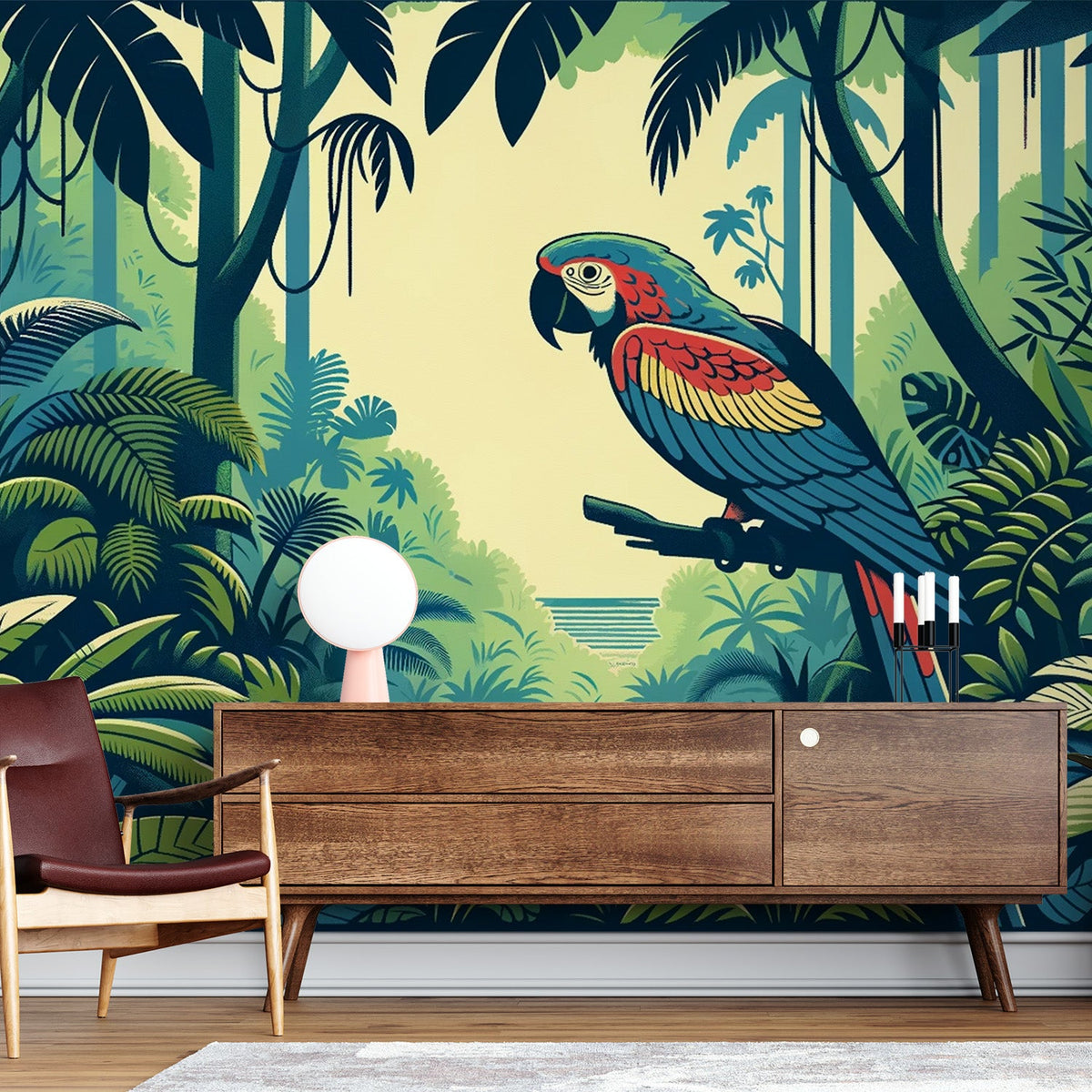 Parrot Mural Wallpaper | Red, Yellow, and Blue with Foliage — WonderMural