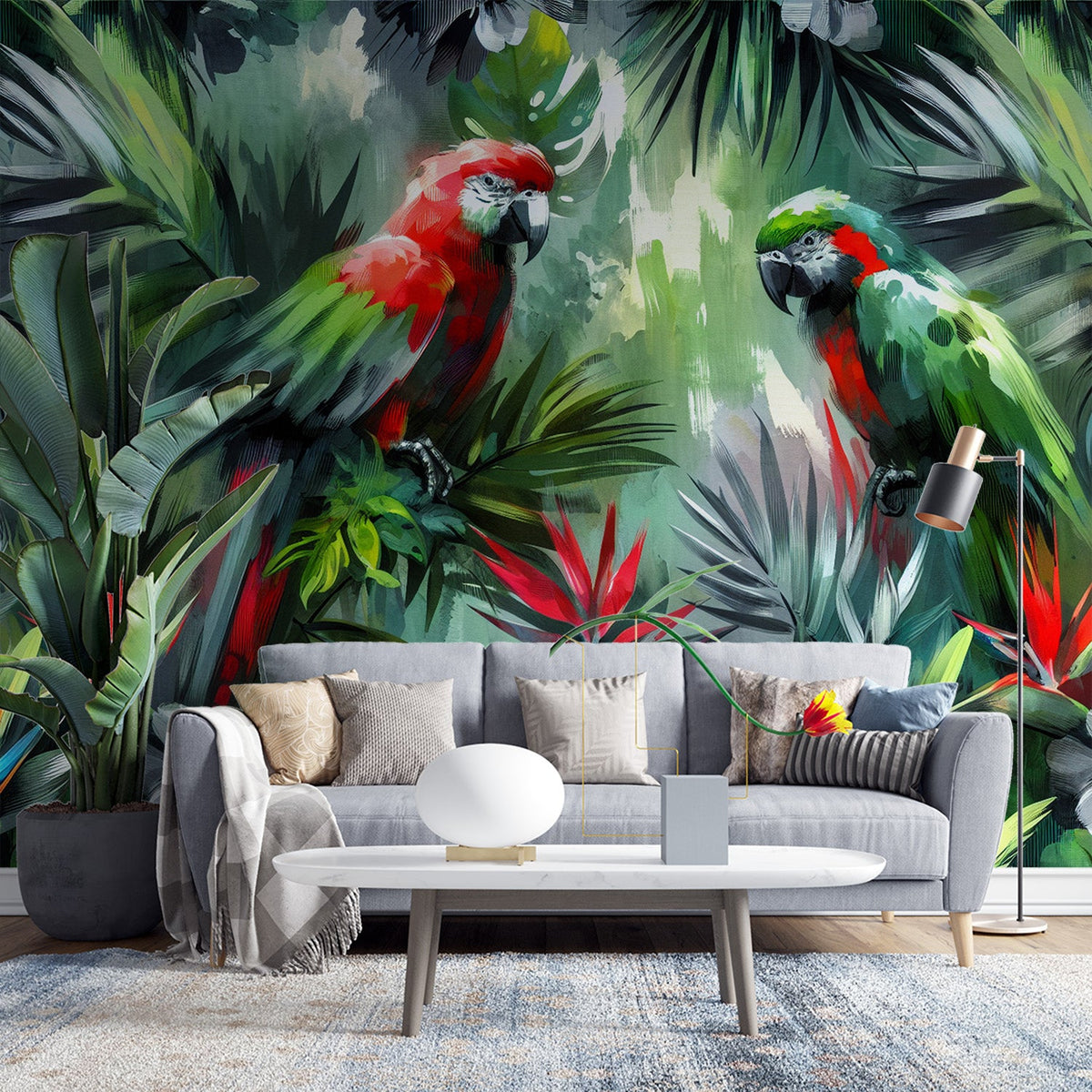 Parrot Mural Wallpaper | Red and Green Pastel Tones in the Tropical Ju ...